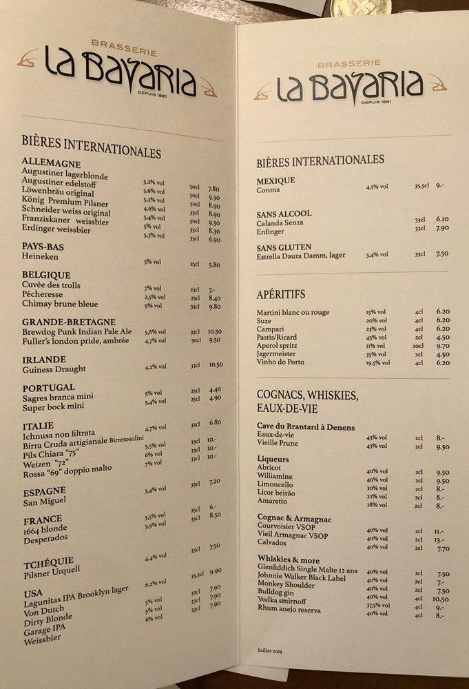 Carta de La Bavaria - Brasserie Lausanne, Lausana