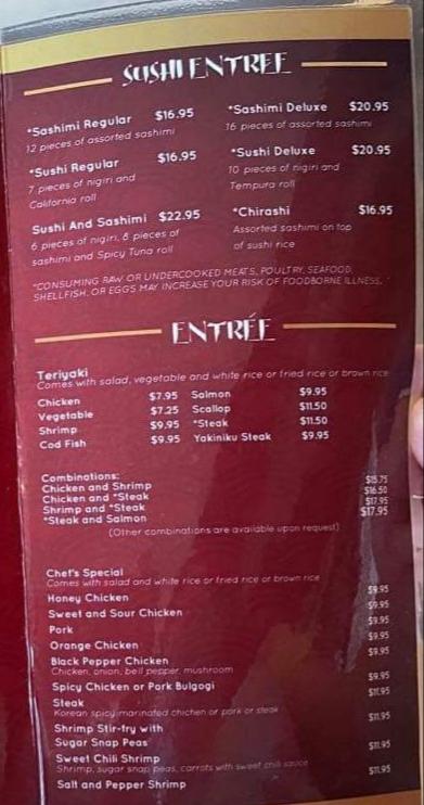 Menu at Ming's Asian Fusion restaurant, Savannah