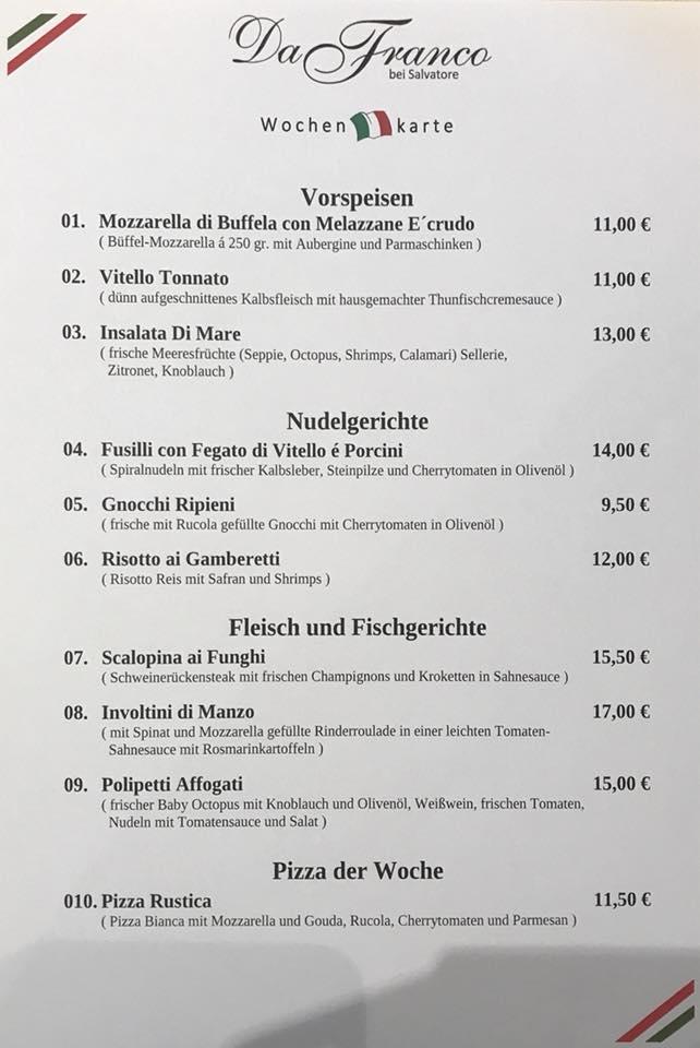 Menu at Pizzeria Da Franco, Cologne