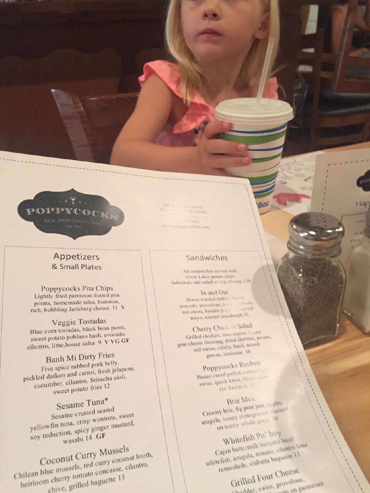 Menu at Poppycocks restaurant, Traverse City