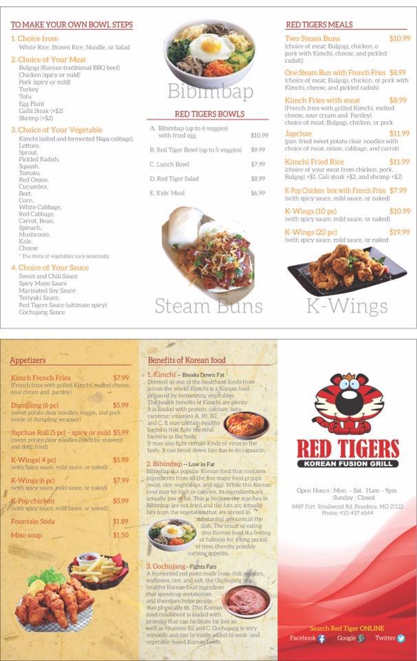 Menu at Red Tigers Asian BBQ, Pasadena