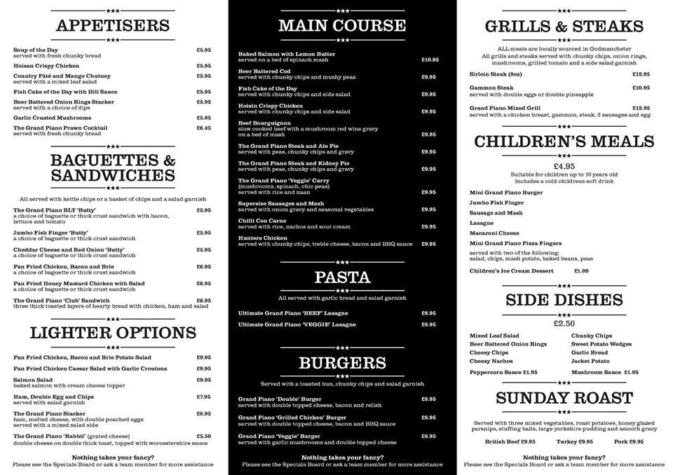 Menu at The Grand Piano Cafe, Huntingdon
