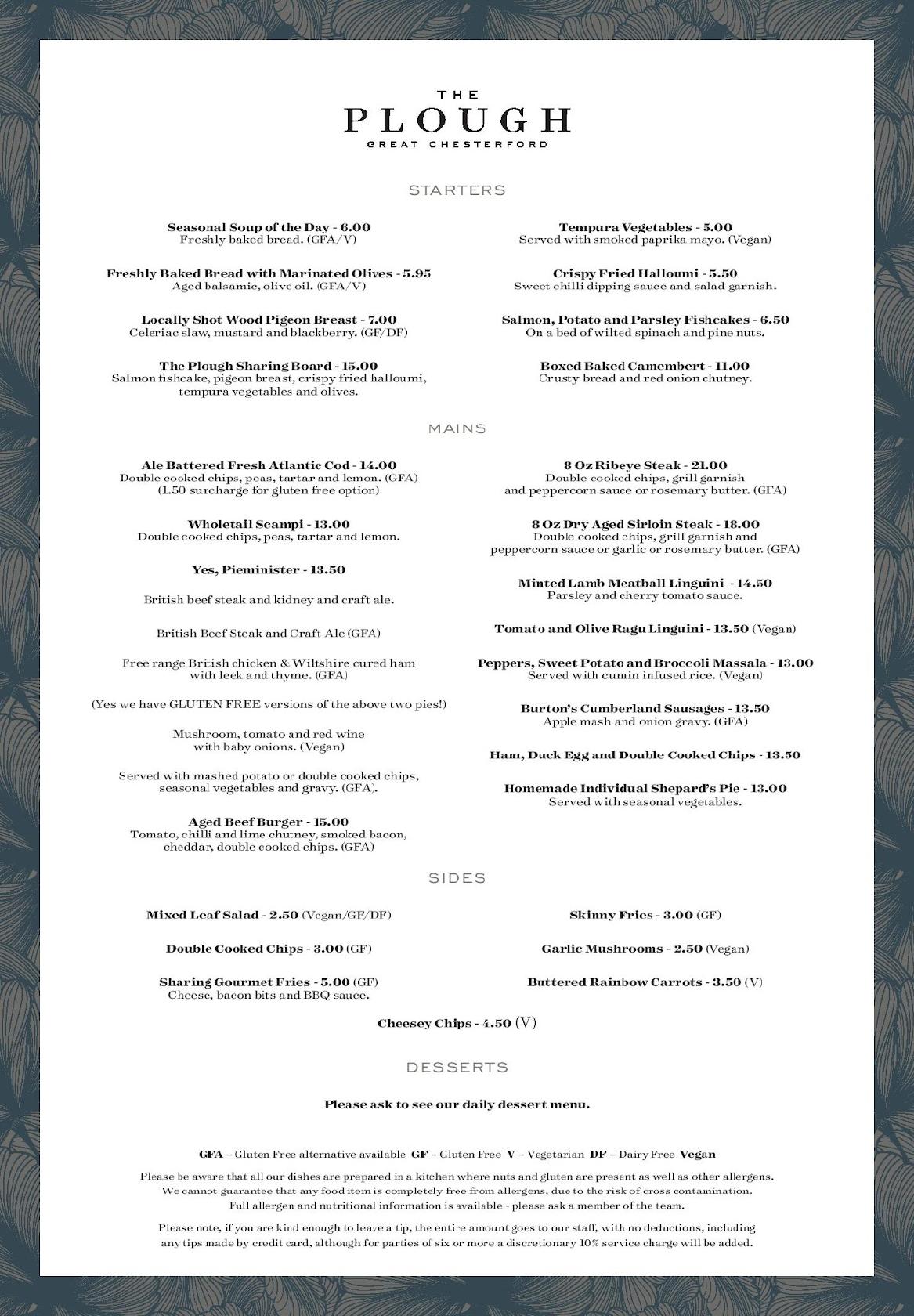 Menu at The Plough Great Chesterford pub & bar, Great Chesterford