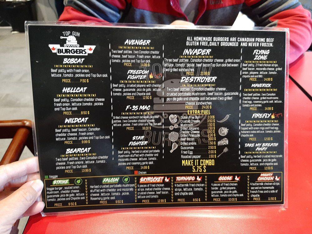 Menu at Top Gun Burger restaurant, Richmond Hill