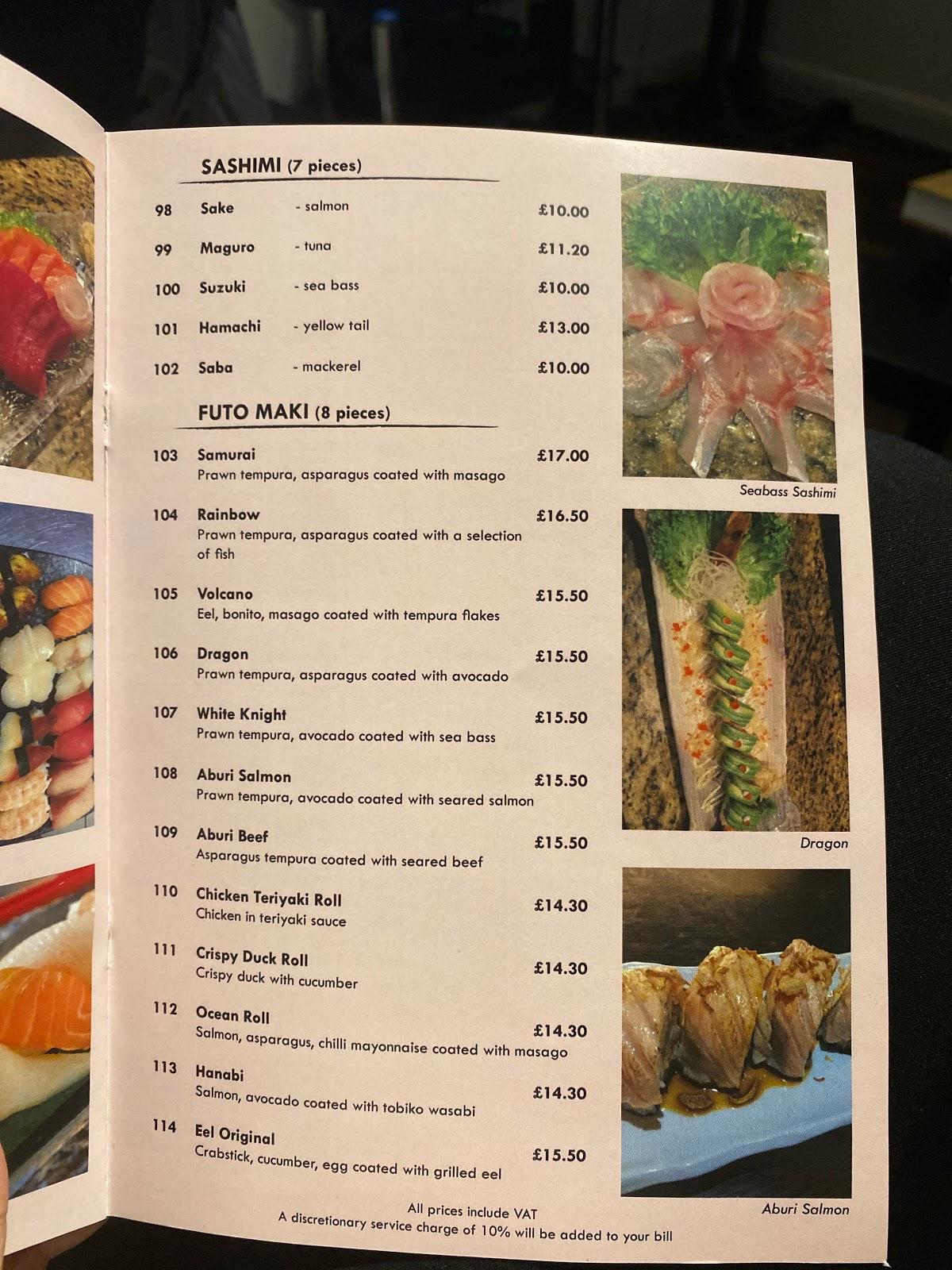 Menu at Umi restaurant, Twickenham