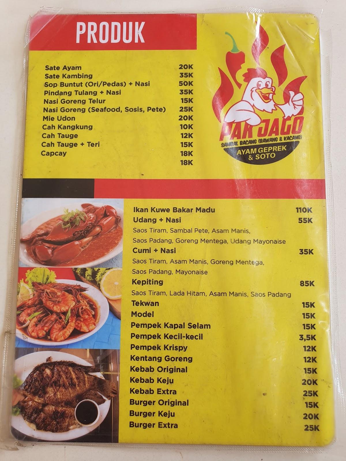 Menu at Ayam Pak Jago restaurant, Indonesia