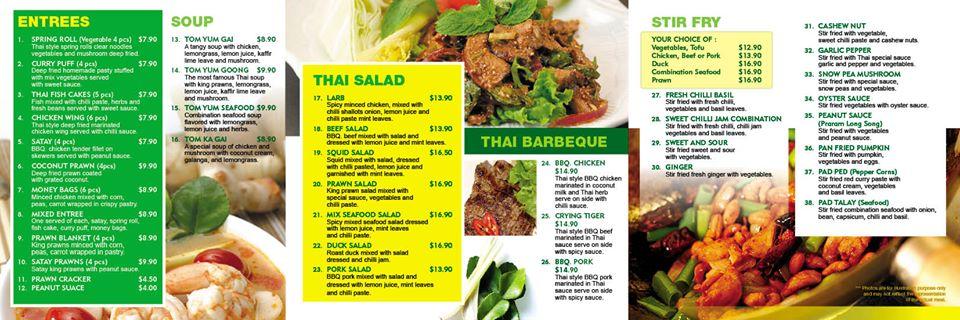 Menu at Bow Thai restaurant, Davistown