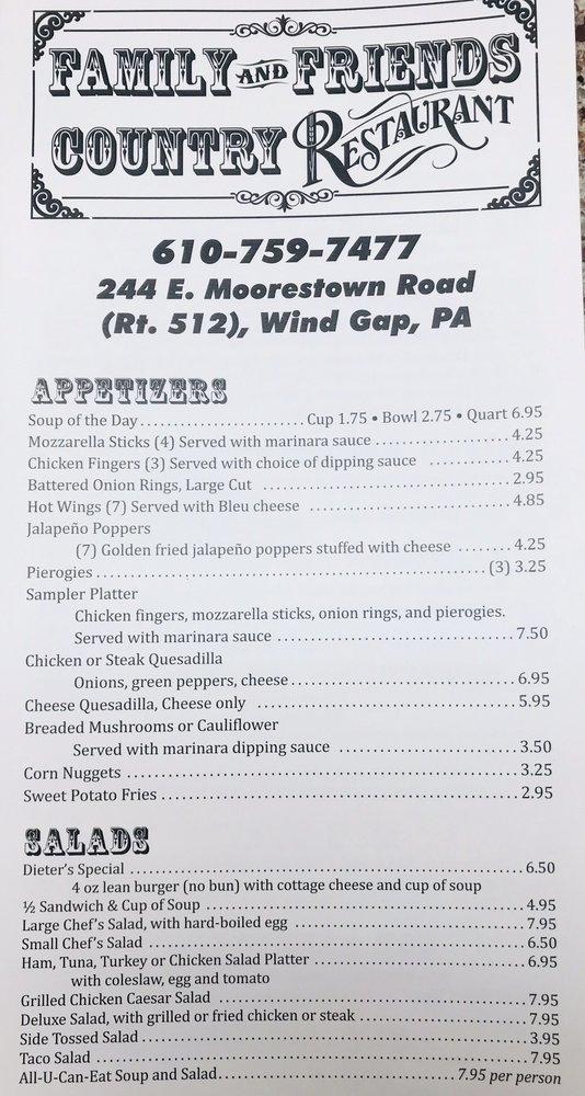 Menu at Family & Friends Country restaurant, Wind Gap