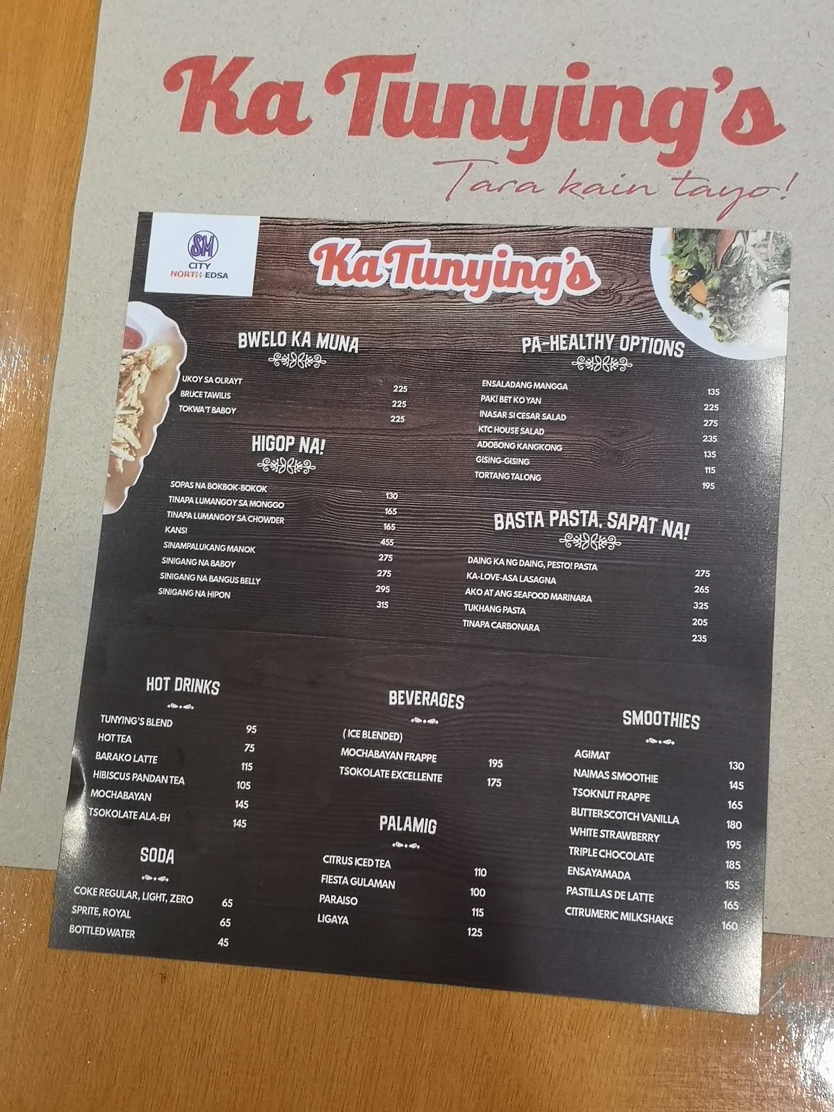 Menu at Ka Tunying’s Cafe, Quezon City