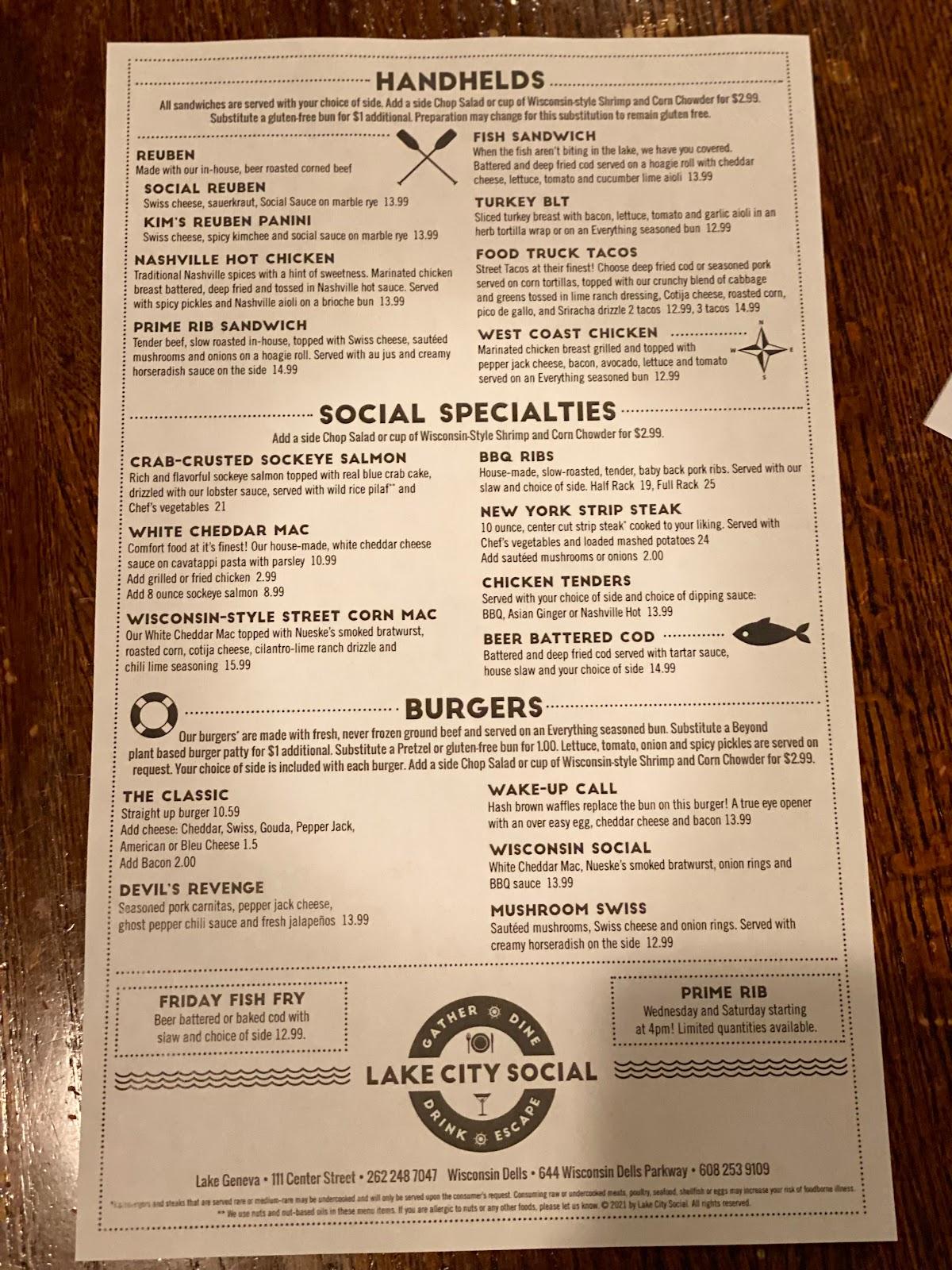 Menu at Lake City Social pub & bar, Lake Geneva