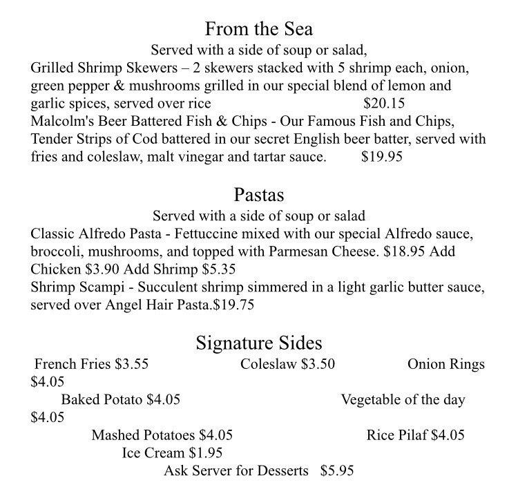 Menu at Malcolm's Steakhouse, Pearblossom