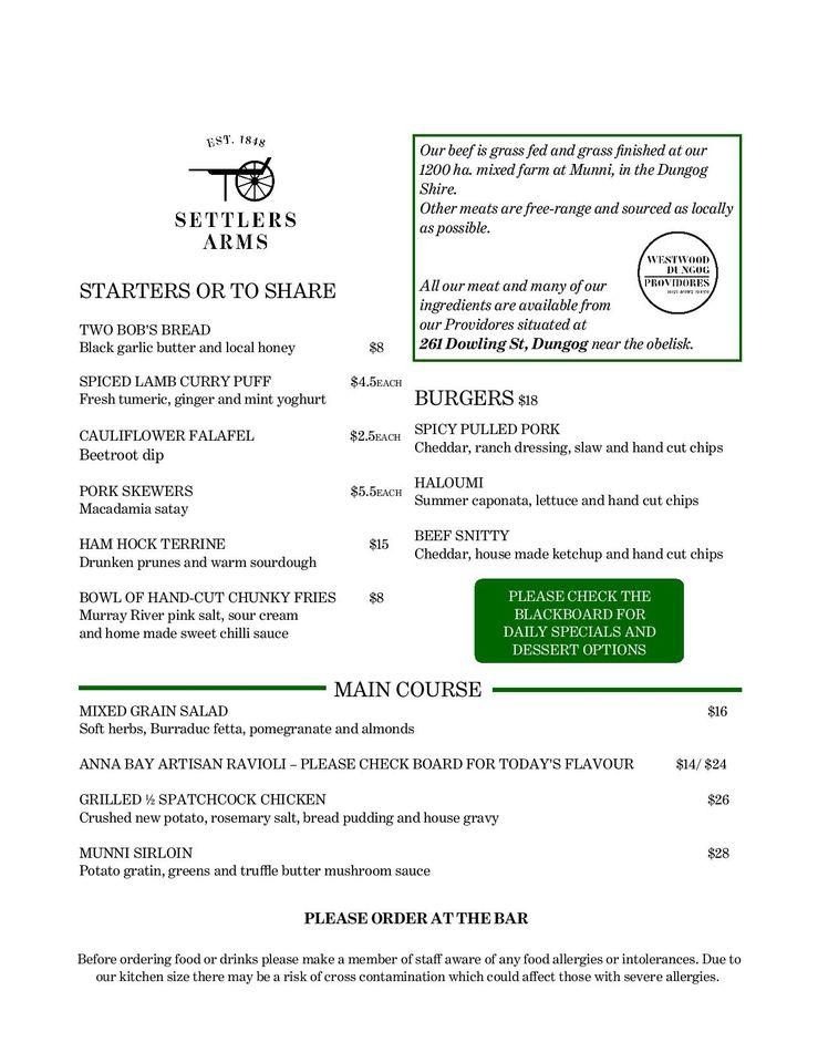 Menu at Settlers Arms pub & bar, Dungog