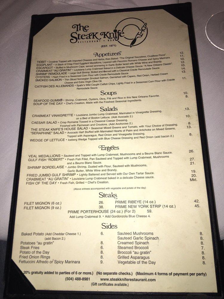 Menu at Steak Knife Restaurant, New Orleans