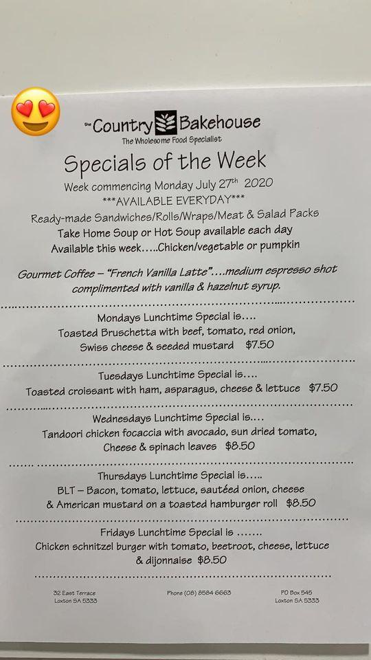 Menu at The Country Bakehouse cafe, Loxton