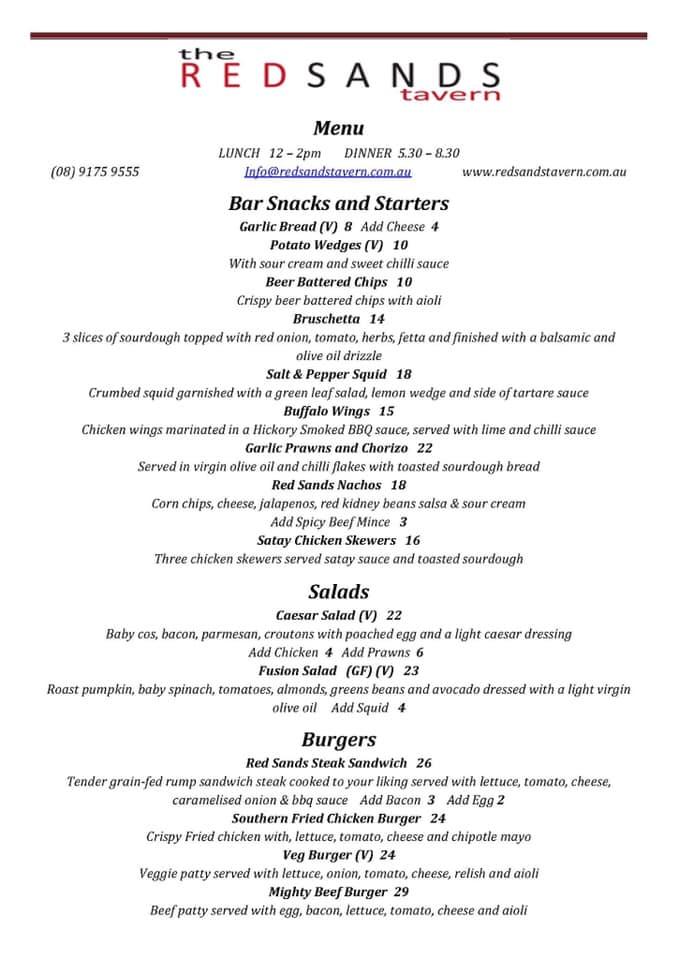 Menu at The Red Sands Tavern pub & bar, Newman, Lot 22 Newman Dr