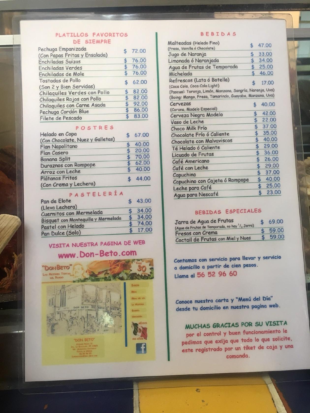 Menu at Tortas Don Beto restaurant, Mexico City, Alfonso Priani 152