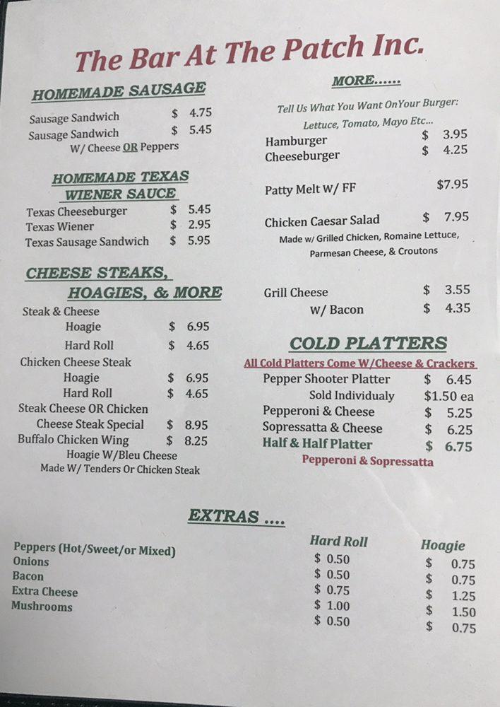 Menu at Bar At the Patch Inc, Dunmore