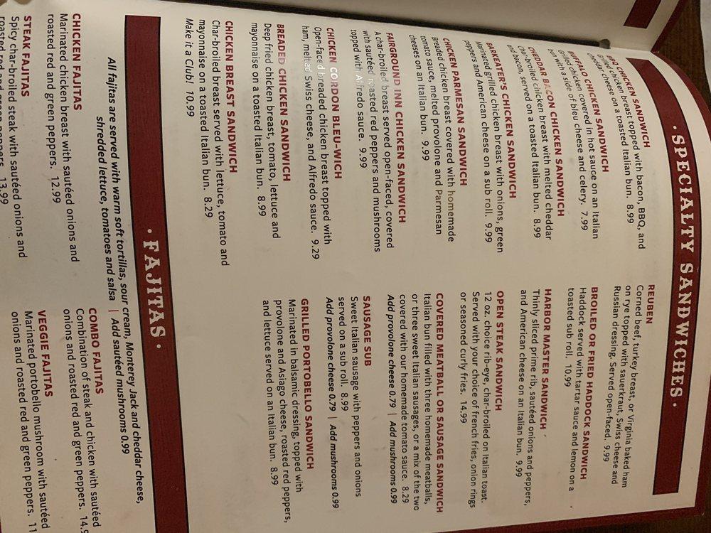 Menu at Fairground Inn restaurant, Watertown
