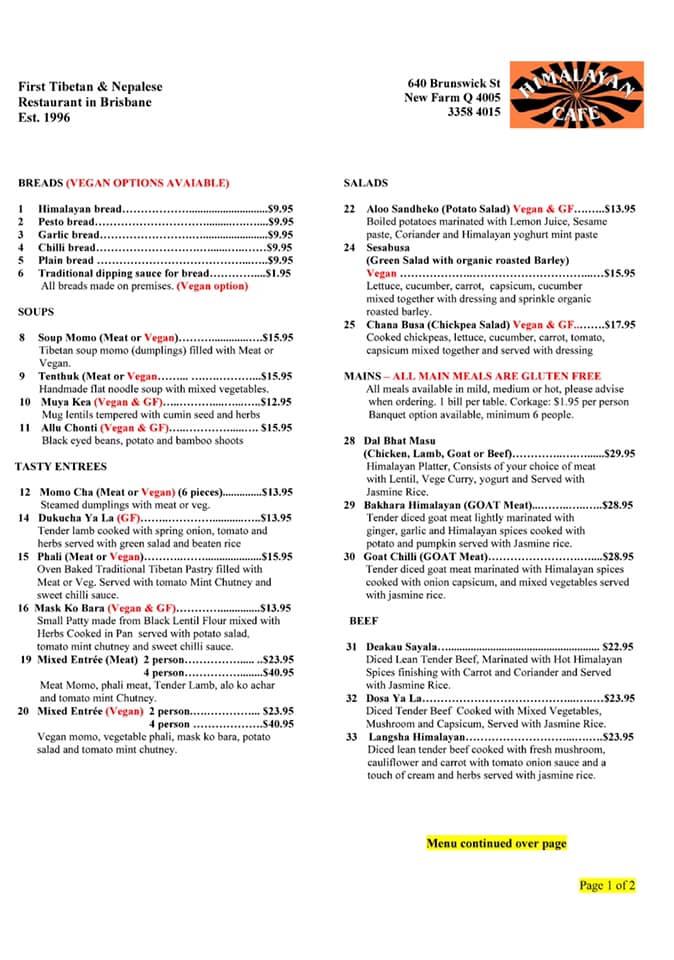 Menu at Himalayan Cafe, New Farm