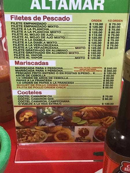 Carta del restaurante Mariscos altamar, Guadalupe