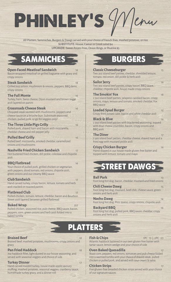 Menu at Phinley's Restaurant, Stratford