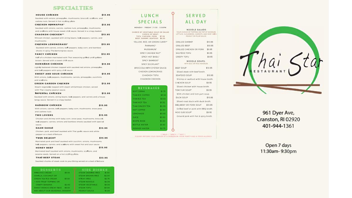 Menu at Thai Star Restaurant, Cranston