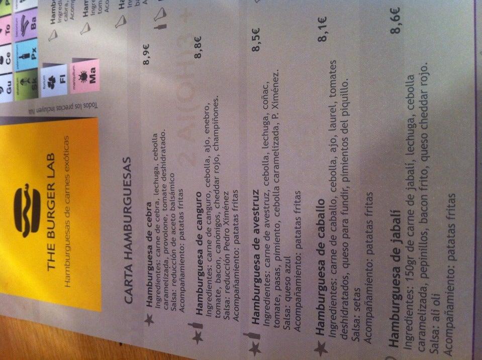 Menu at The Burger Lab restaurant, Madrid