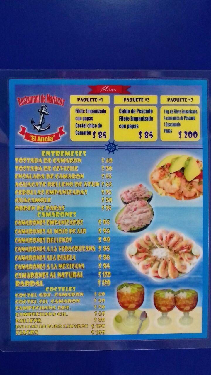 Carta del restaurante Mariscos "EL ANCLA", Colinas del Aeropuerto