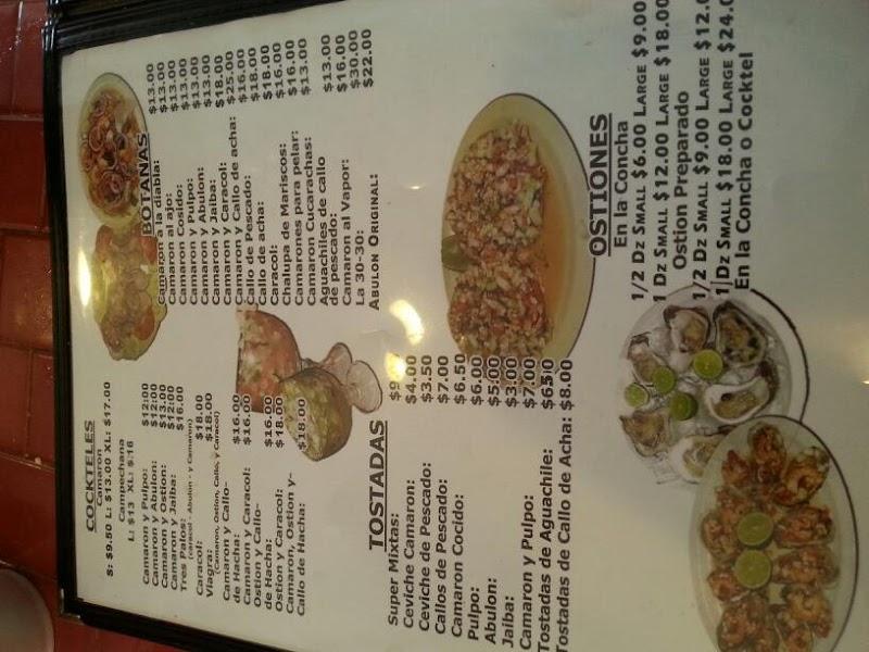 Menu at Mariscos El Ostion restaurant, Pomona