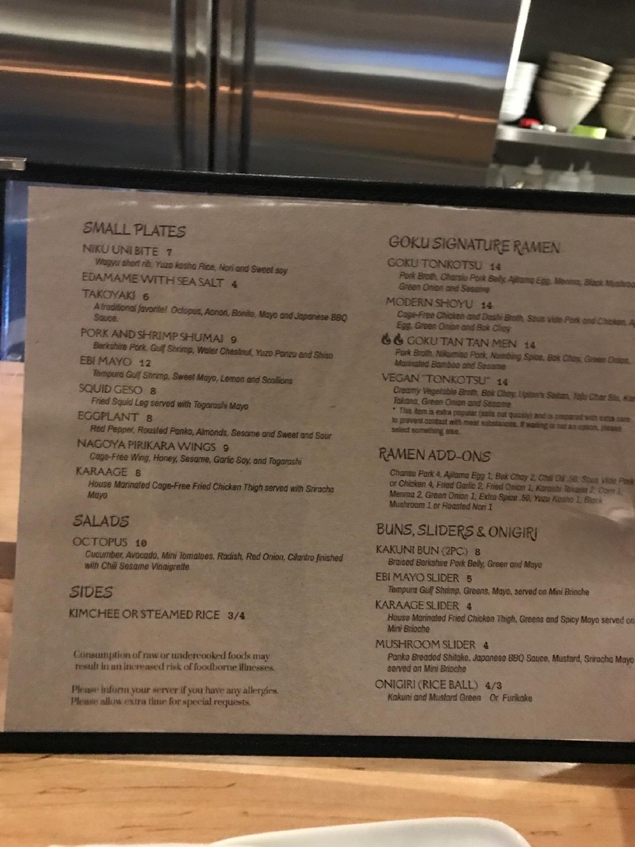 Menu at Menya Goku restaurant, Chicago
