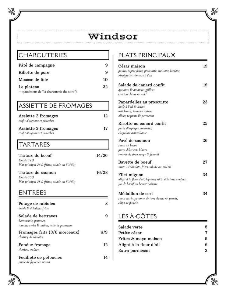 Menu at Restaurant Windsor, Val-d'Or