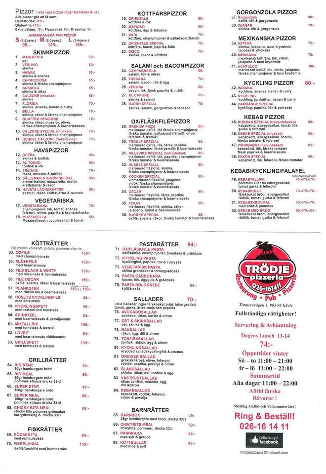 Menu at Trödje Pizzeria & Restaurang HB, Trödje
