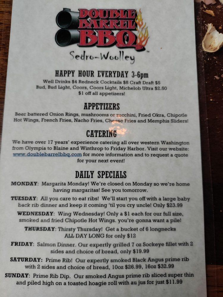 Menu at Double Barrel BBQ, Sedro-Woolley, 108 W Moore St