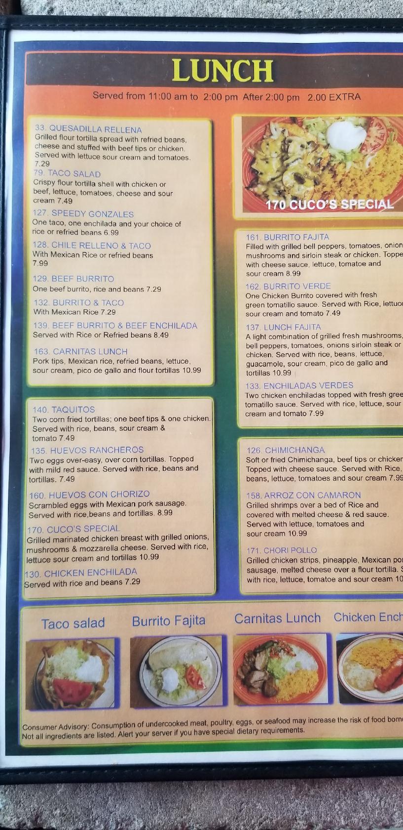 Menu at Los Cazadores restaurant, Cincinnati