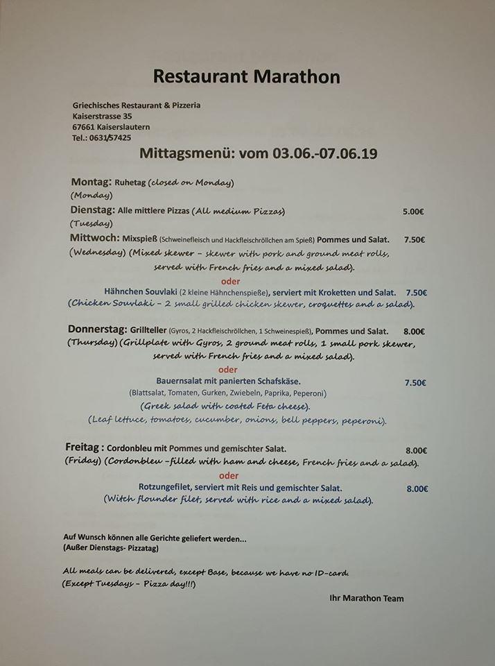 Menu at Marathon restaurant, Kaiserslautern