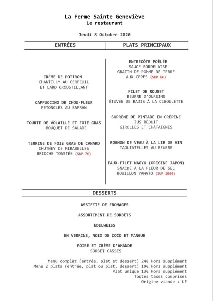Menu at Restaurant de la Ferme Sainte Geneviève, Dommartemont