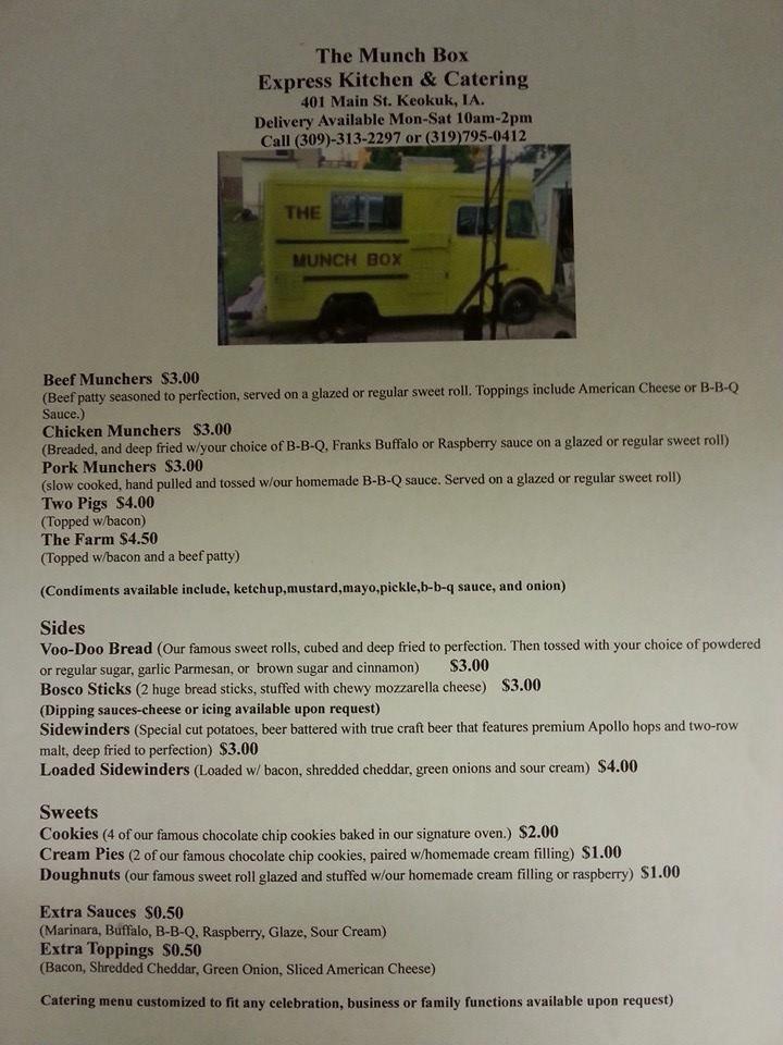 Menu at The Munch Box restaurant, Keokuk, Estes