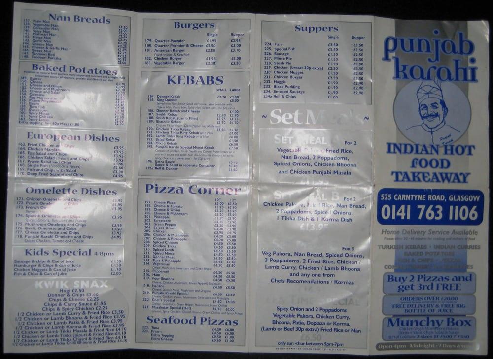 Menu at punjab karahi fast food, Glasgow, 525 Carntyne Road