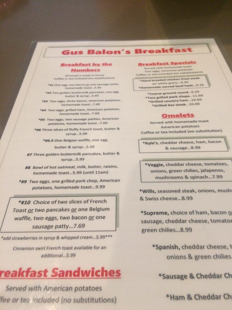 Menu at Gus Balon's Restaurant, Tucson