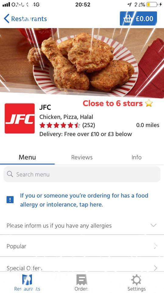 Menu at JFC restaurant, Salford