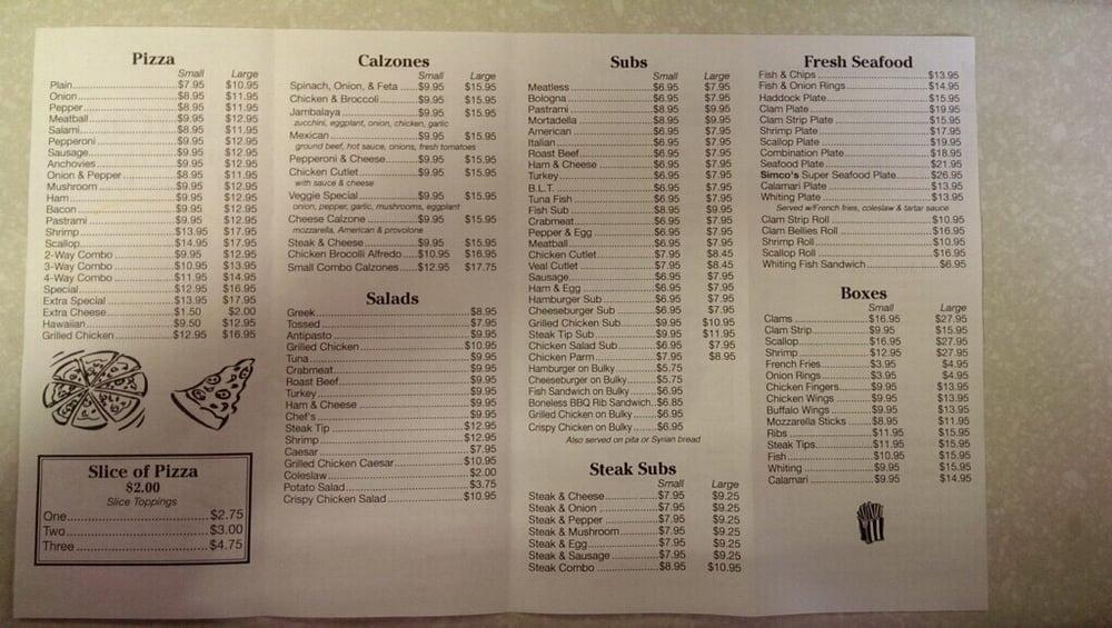 Menu at Simco's restaurant, Boston, 679 Canterbury St