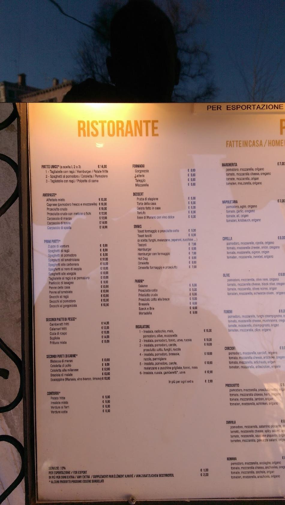 Menu at Soldà restaurant, Venice