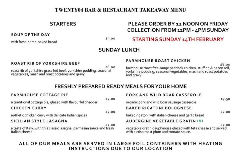 Menu at Messingham Grange restaurant, Scunthorpe