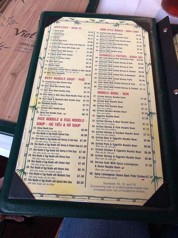 Menu at Viet Taste restaurant, Albuquerque, Menaul Blvd NE