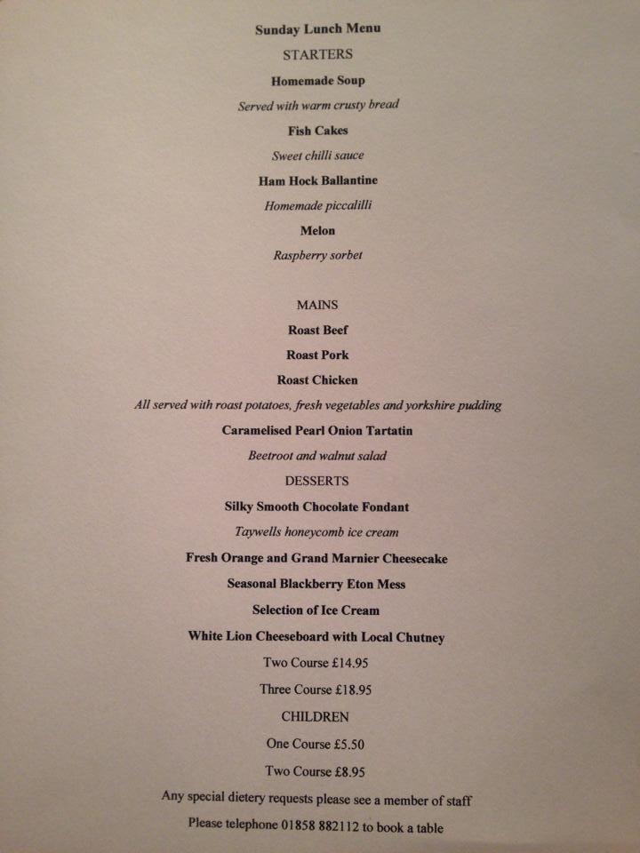Menu at White Lion Pub, North Kilworth