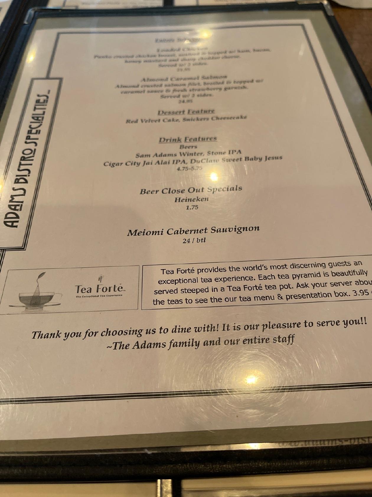 Menu at Adams Bistro steakhouse, Greenville
