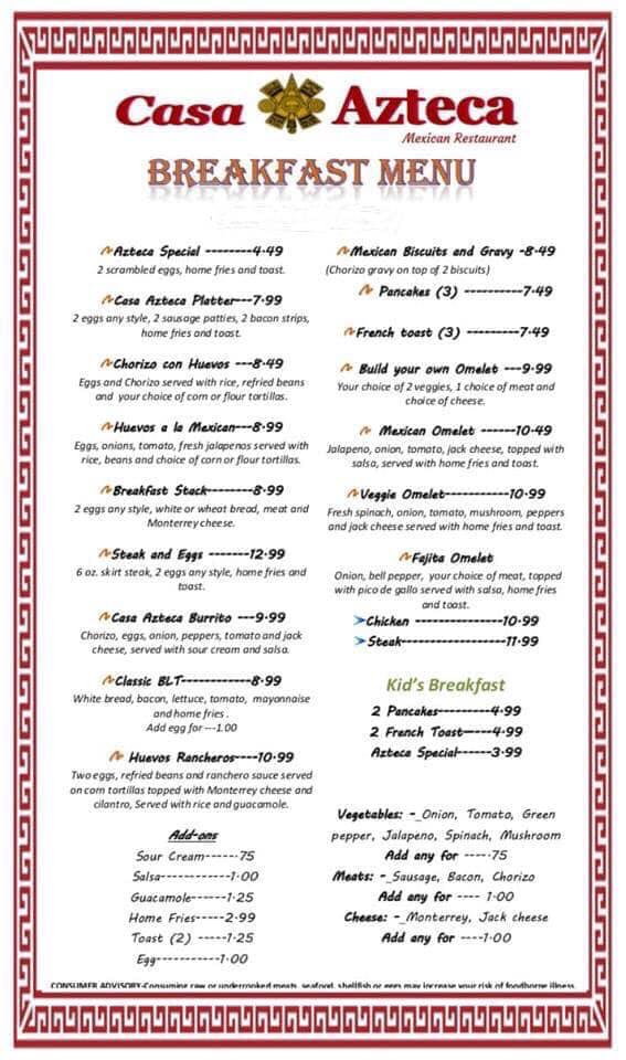 Menu at Casa Azteca Mexican Restaurant, Fort Pierce