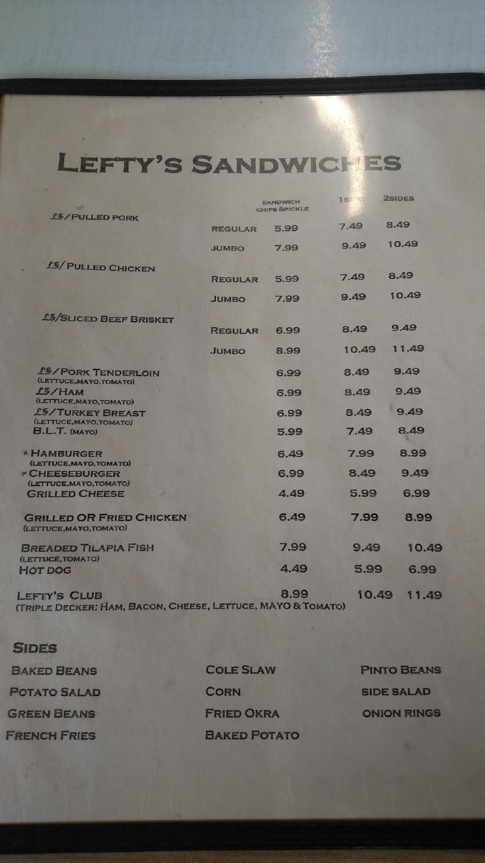 Menu at Lefty's Barbeque, Crossville, Genesis Rd