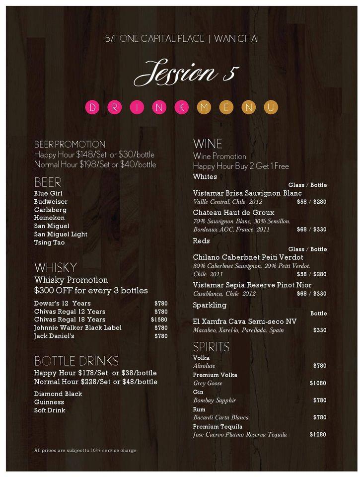 Menu at Session 5 pub & bar, Hong Kong