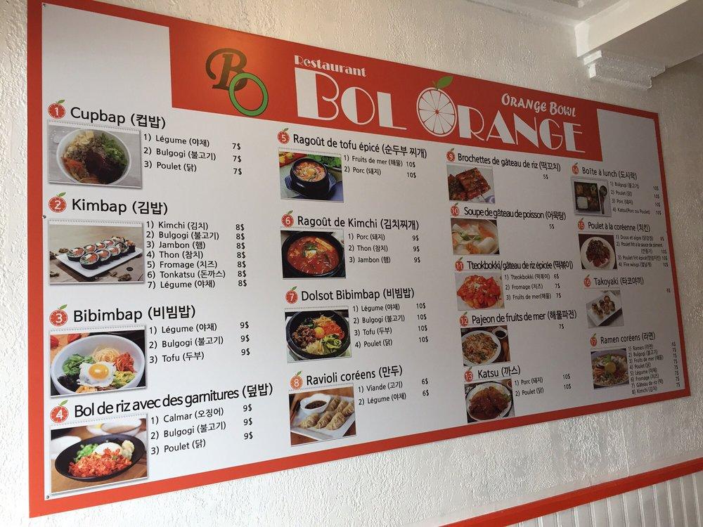 Menu at Bol Orange restaurant, Montréal